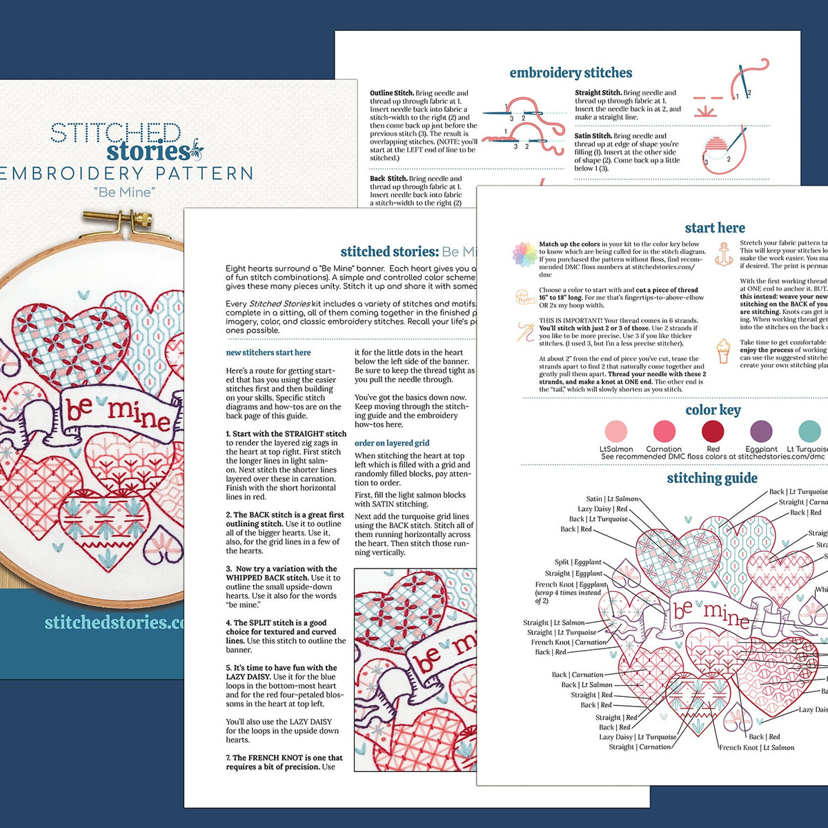 Valentine Love Embroidery Pattern Pre Printed Fabric Panel by Stitched Stories, 8 in, Cotton