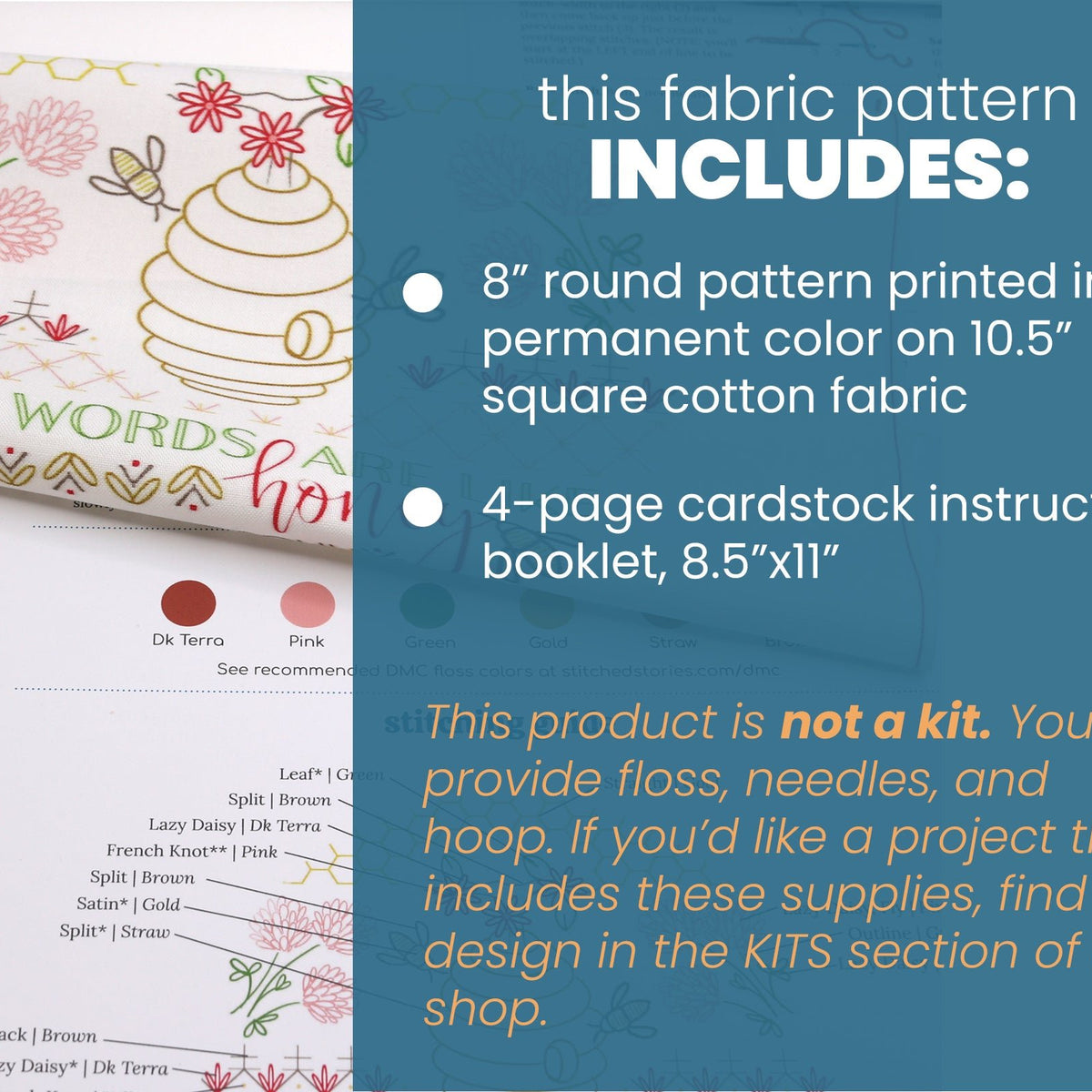 Beginner Beehive Embroidery Pattern Pre Printed Fabric Panel by Stitched Stories, 8 in, Cotton