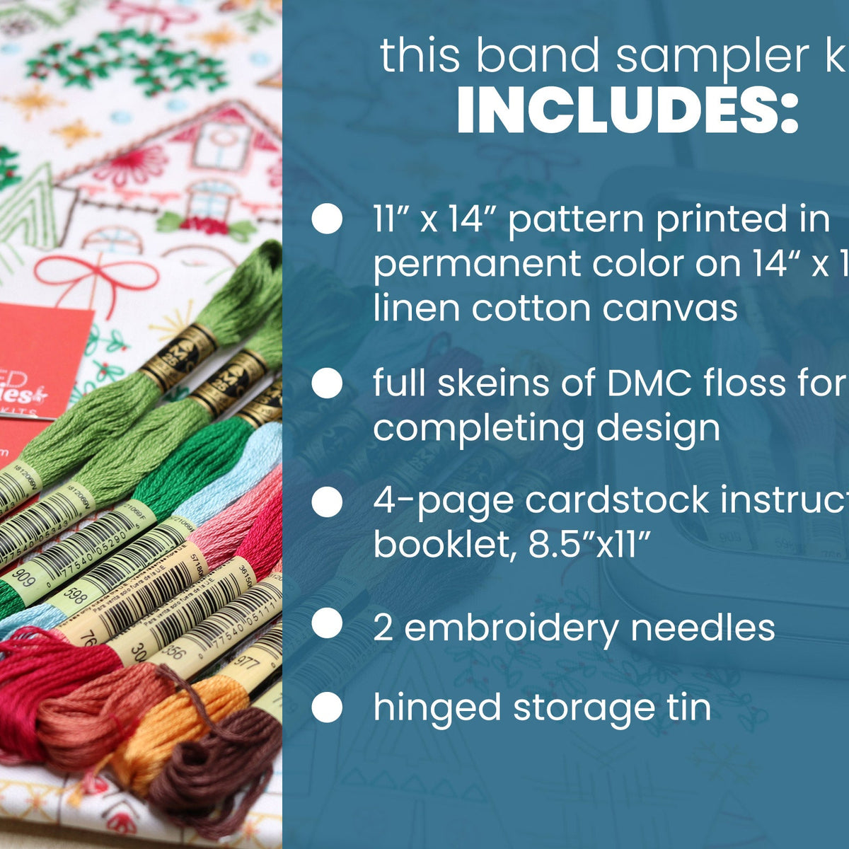 Christmas Pines Traditional Sampler Embroidery Kit by Stitched Stories, 14x18 in, Linen Cotton ...