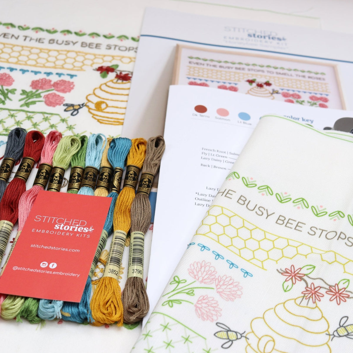 Honey Bee Traditional Sampler Embroidery Kit by Stitched Stories, 14x18 in, Linen Cotton Canvas