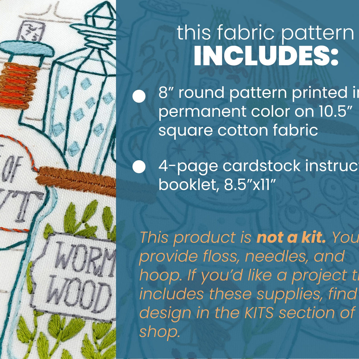 Halloween Potions Embroidery Pattern Pre Printed Fabric Panel by Stitched Stories, 8 in, Cotton