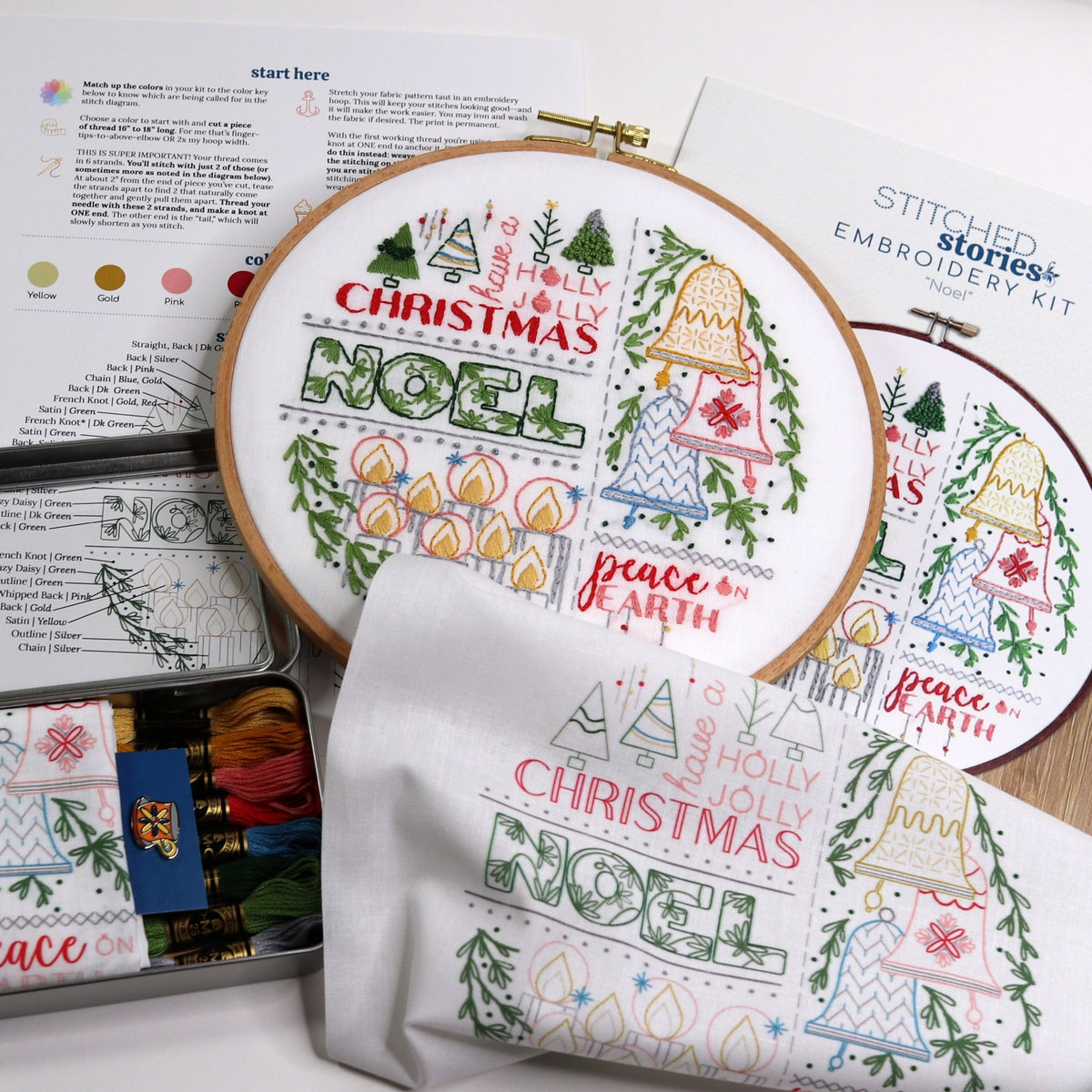 Christmas Bells Candles Sayings Embroidery Kit by Stitched Stories, 8 in, Cotton