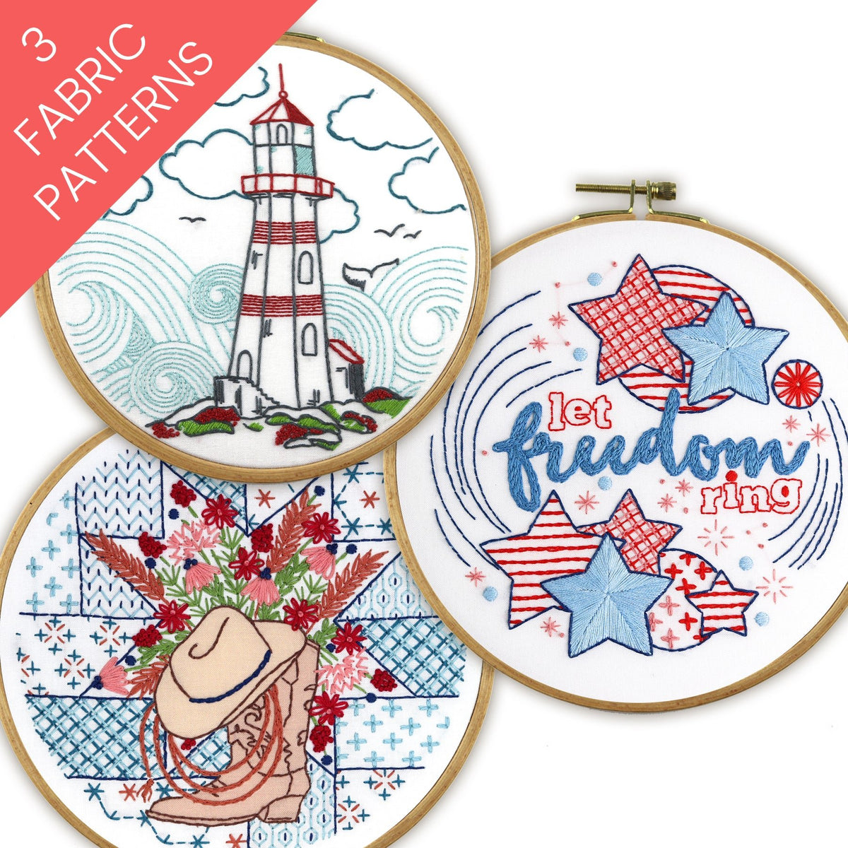 Americana Embroidery Pattern 3 Pack of Pre Printed Fabric Panels by ...