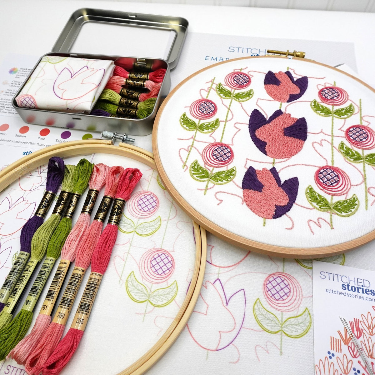 Bunny Tulip Easter Embroidery Kit by Stitched Stories, 8 in, Cotton
