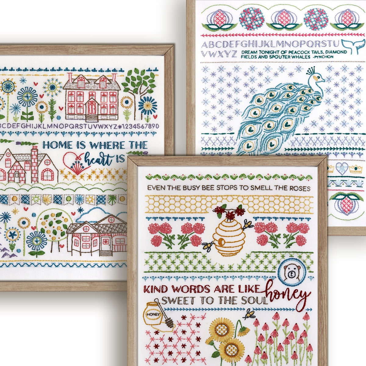 Set of 3 Classic Sampler Embroidery Kits by Stitched Stories, 8 in, Cotton