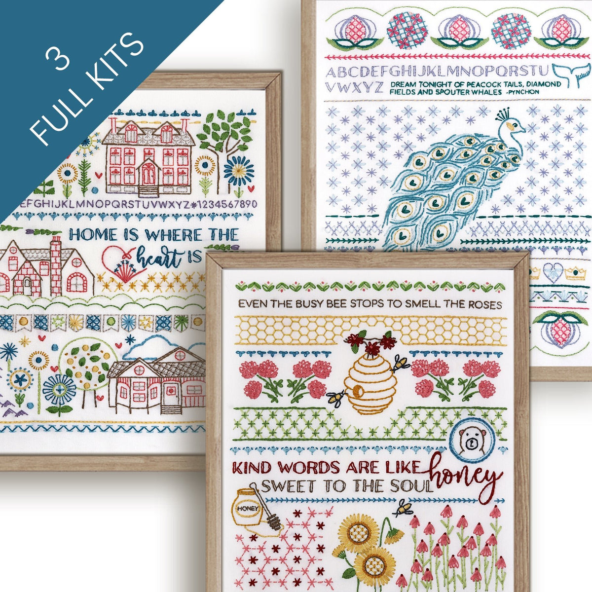 Set of 3 Classic Sampler Embroidery Kits by Stitched Stories, 8 in, Cotton