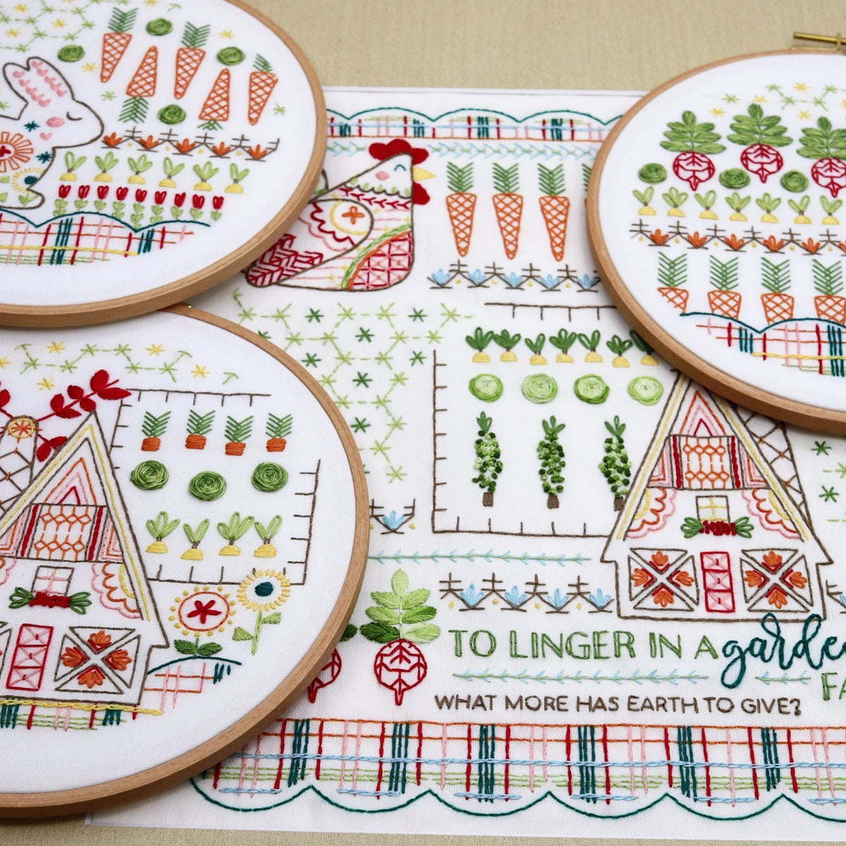 Set of 4 Country Garden Embroidery Kits by Stitched Stories, 8 in, Cotton