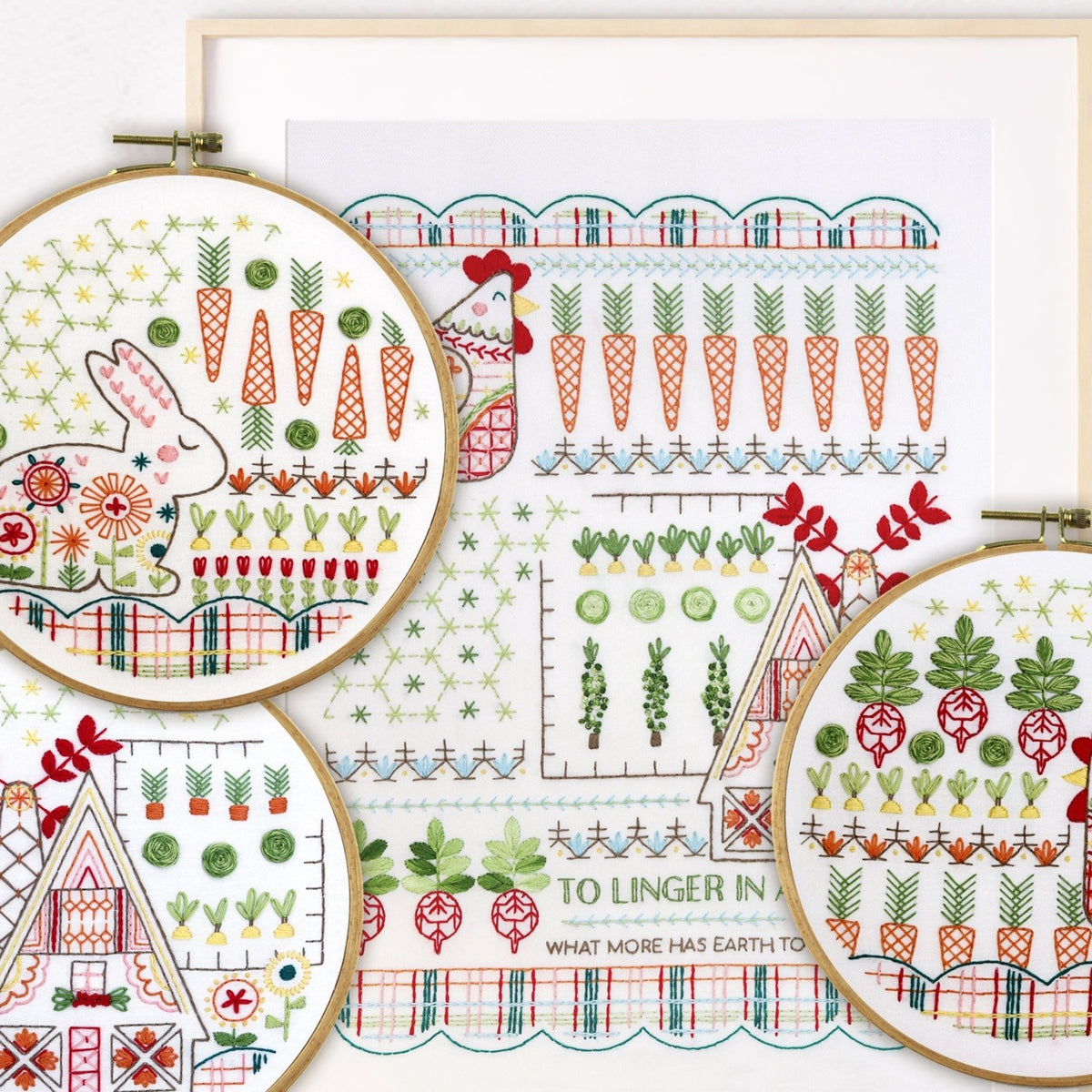 Set of 4 Country Garden Embroidery Kits by Stitched Stories, 8 in, Cotton