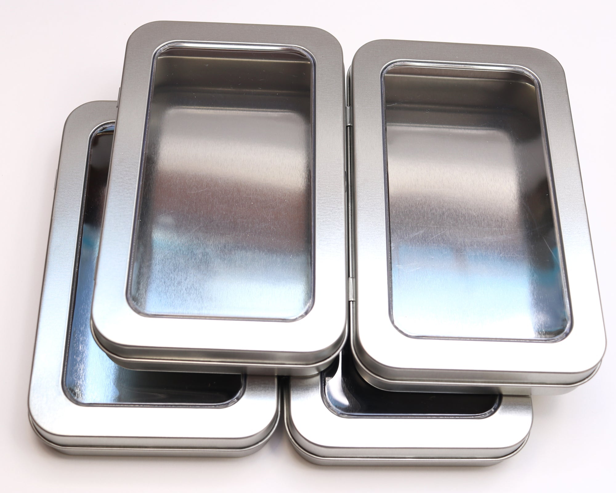 Empty Metal Tin with Window in Lid Set of 4 5.75 x3.5 x.75 Stitched Stories
