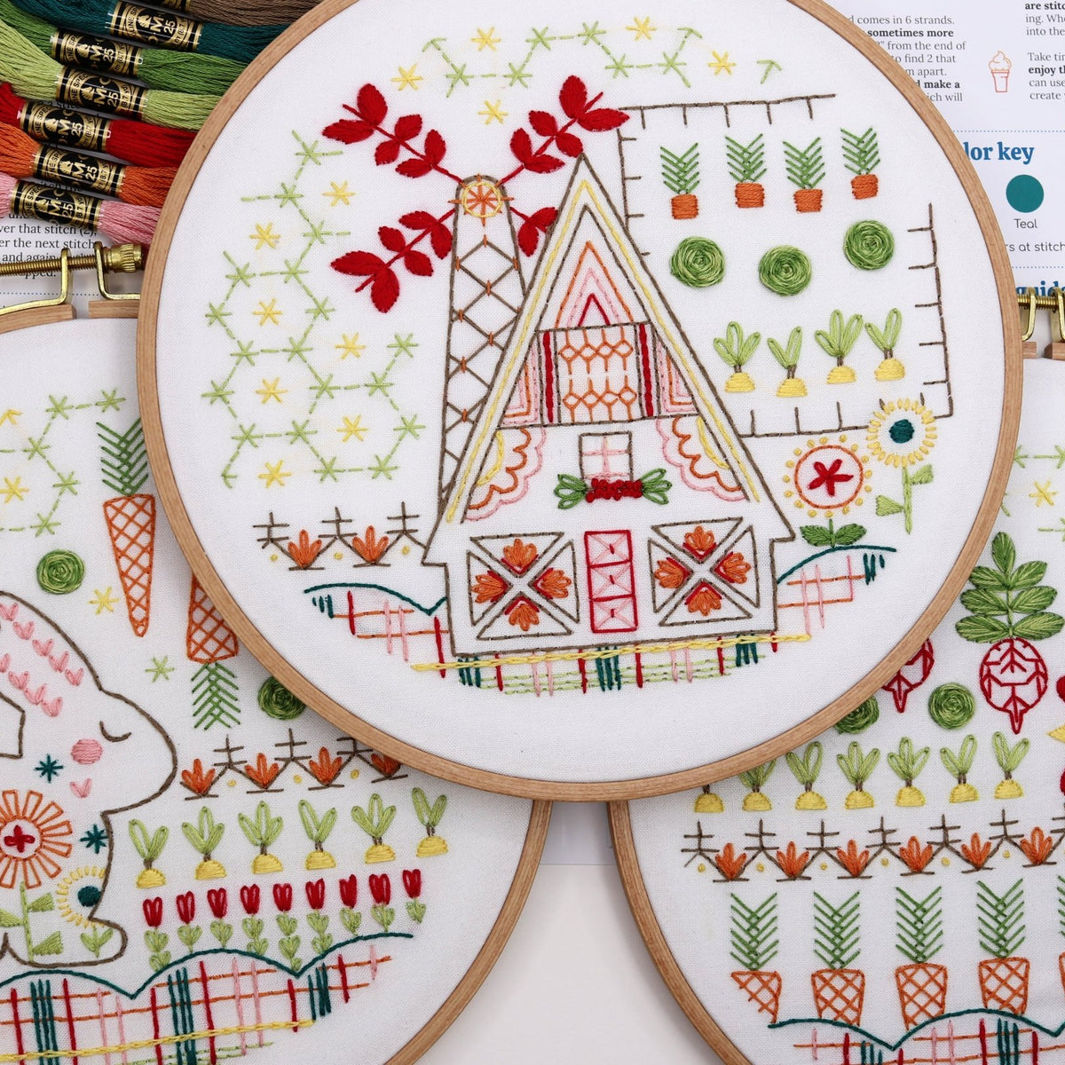 Set of 3 Folk Art Garden Embroidery Kits by Stitched Stories, 8 in, Cotton