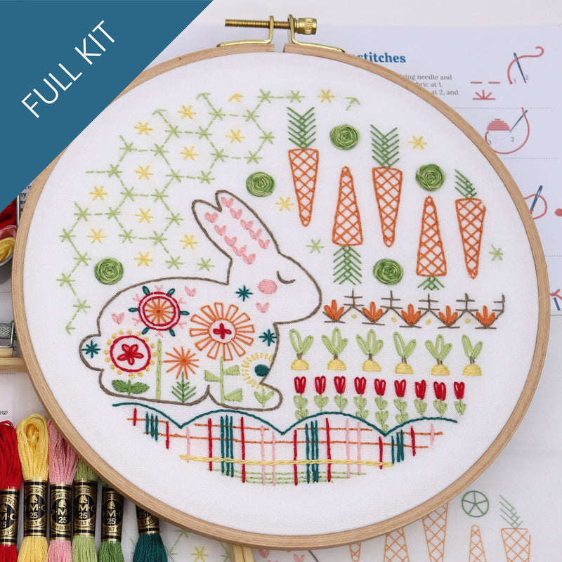 Garden Rabbit Beginner Embroidery Kit by Stitched Stories, 8 in, Cotton