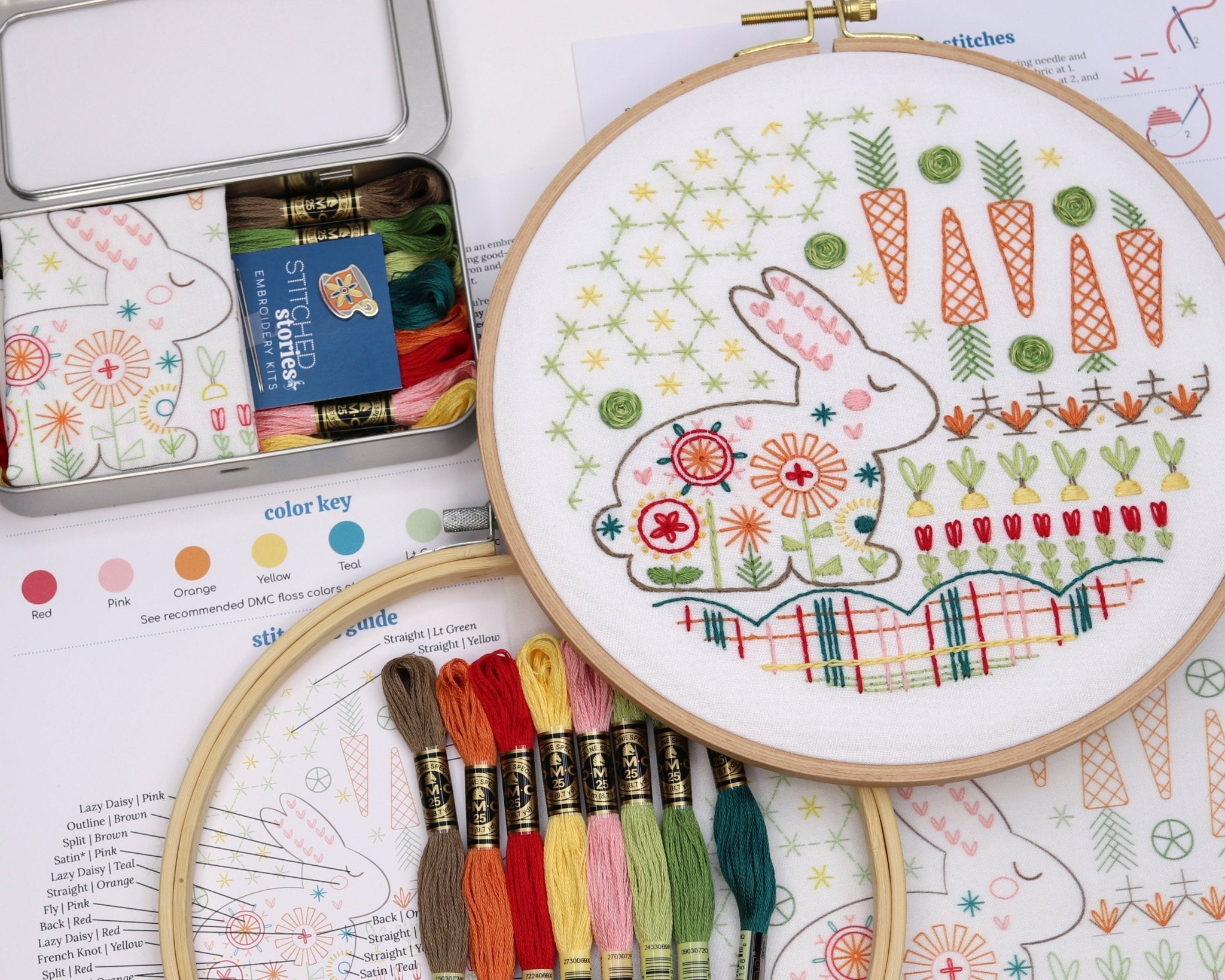 Garden Rabbit Beginner Embroidery Kit by Stitched Stories, 8 in, Cotton