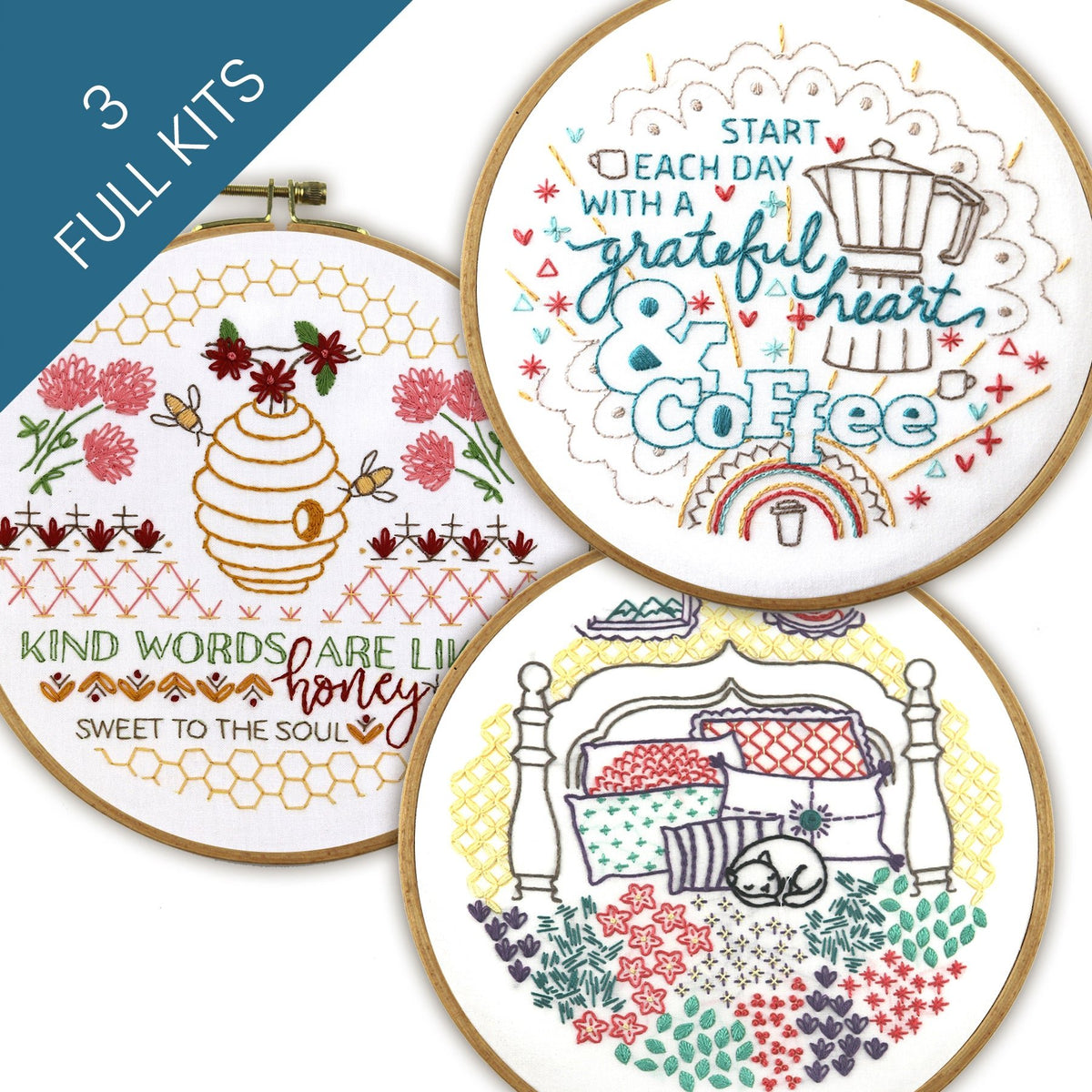 Kind & Cozy Embroidery Kit Bundle of 3 by Stitched Stories, 8 in, Cotton