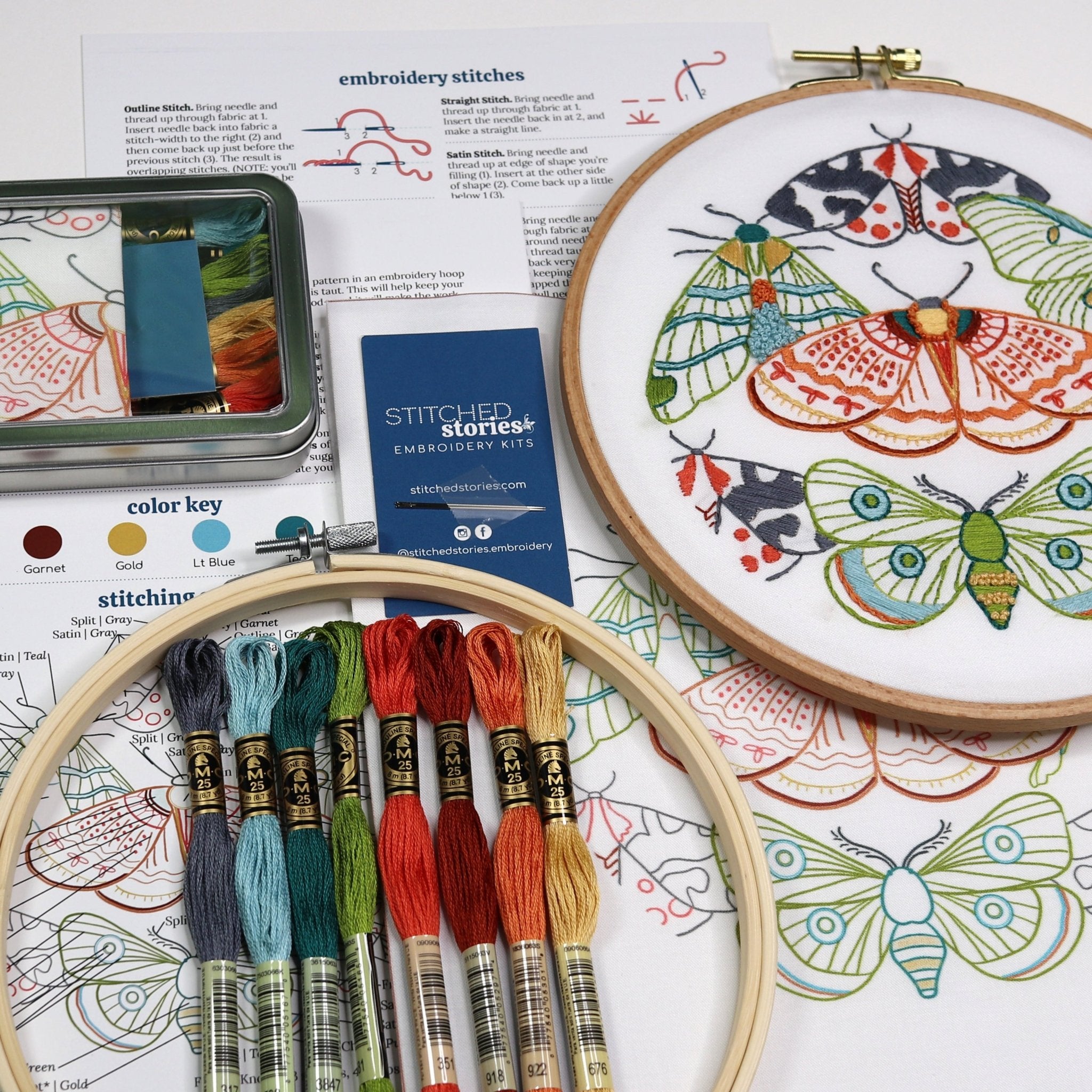 Moths Embroidery Kit by Stitched Stories, 8 in, Cotton