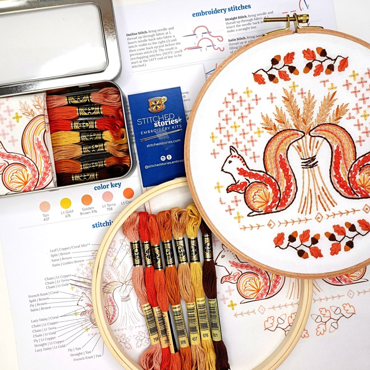 Fall Squirrel Acorns Hand Embroidery Kit by Stitched Stories, 8 in, Cotton