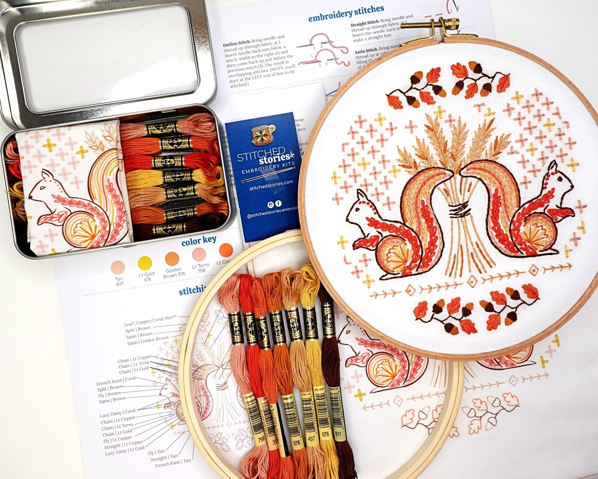 Fall Squirrel Acorns Hand Embroidery Kit by Stitched Stories, 8 in, Cotton