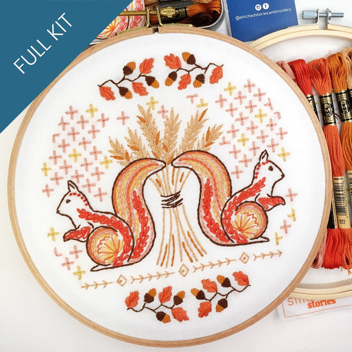 Fall Squirrel Acorns Hand Embroidery Kit by Stitched Stories, 8 in, Cotton