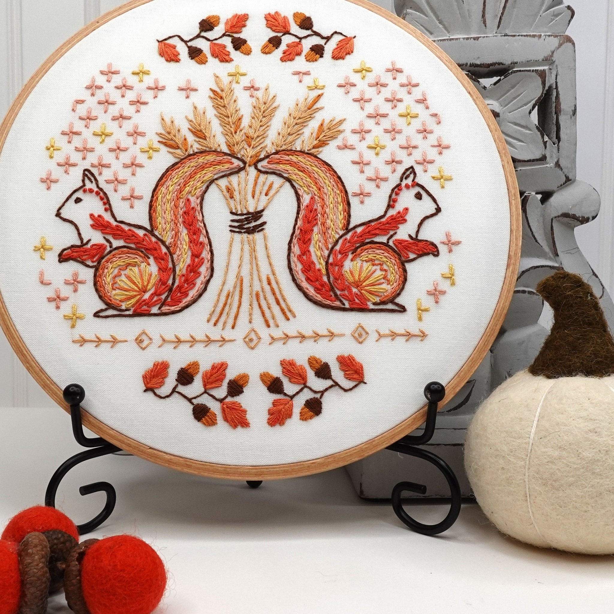 Fall Squirrel Acorns Hand Embroidery Kit by Stitched Stories, 8 in, Cotton