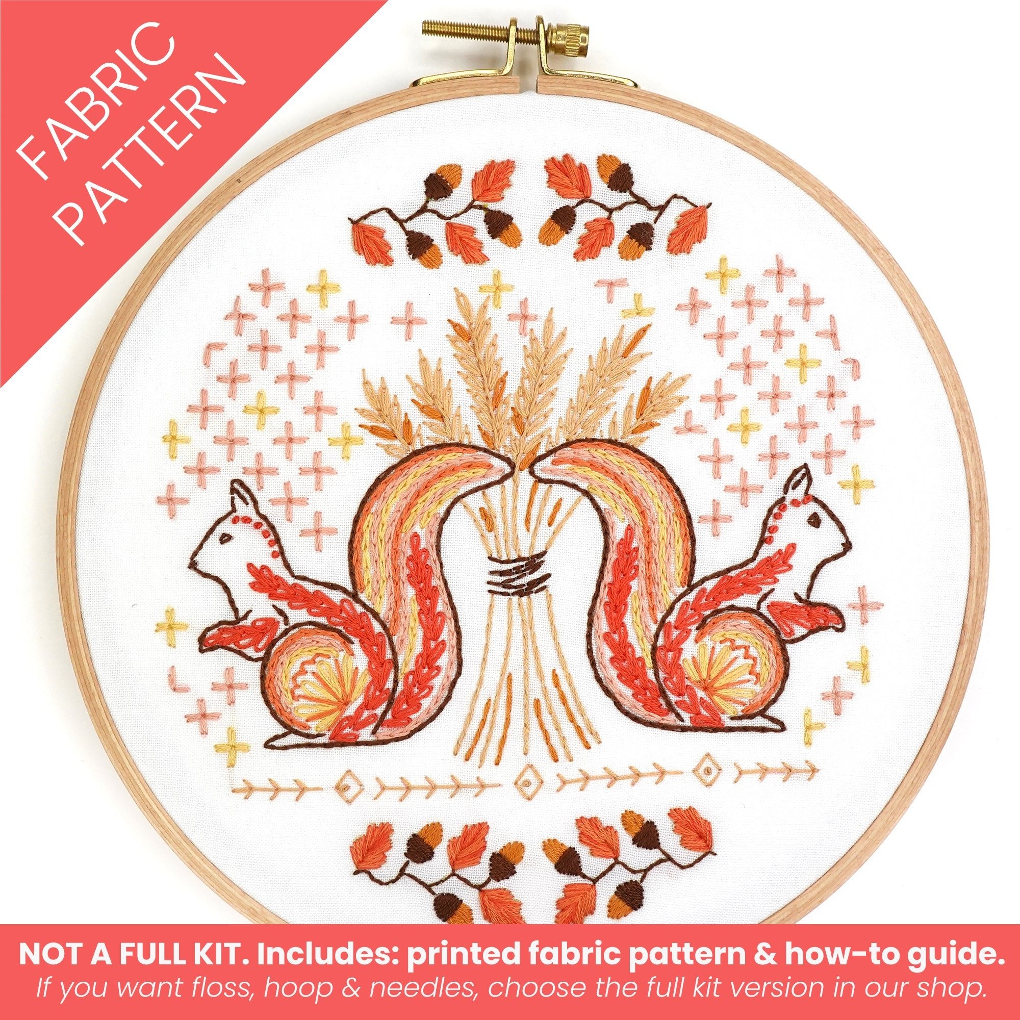 Fall Squirrels Acorns Embroidery Pattern Pre Printed Fabric Panel by ...