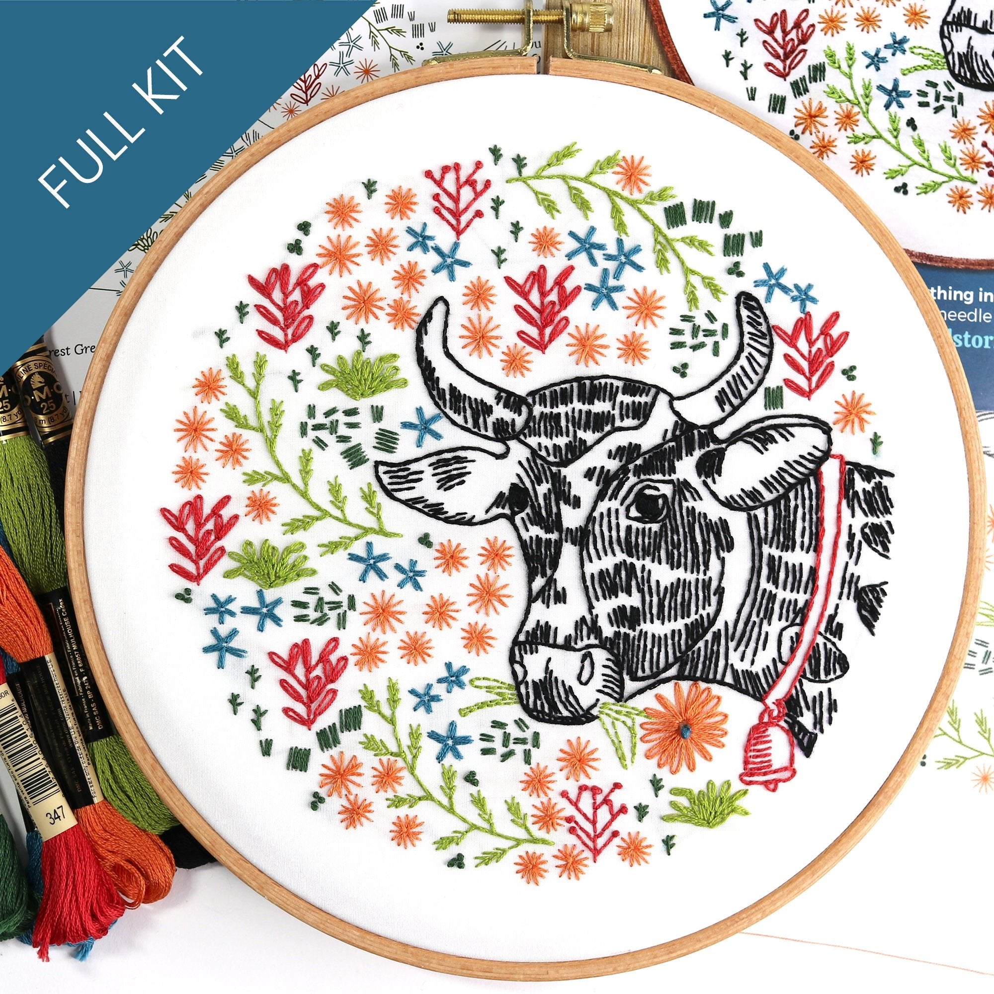 Farm Cow Embroidery Kit by Stitched Stories, 8 in, Cotton