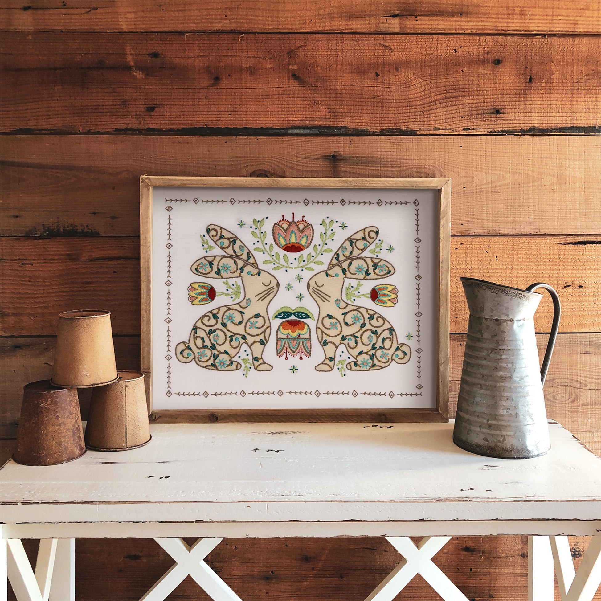 Bunny Folkart Pillow Cushion Embroidery Kit by Stitched Stories, 14 in ...