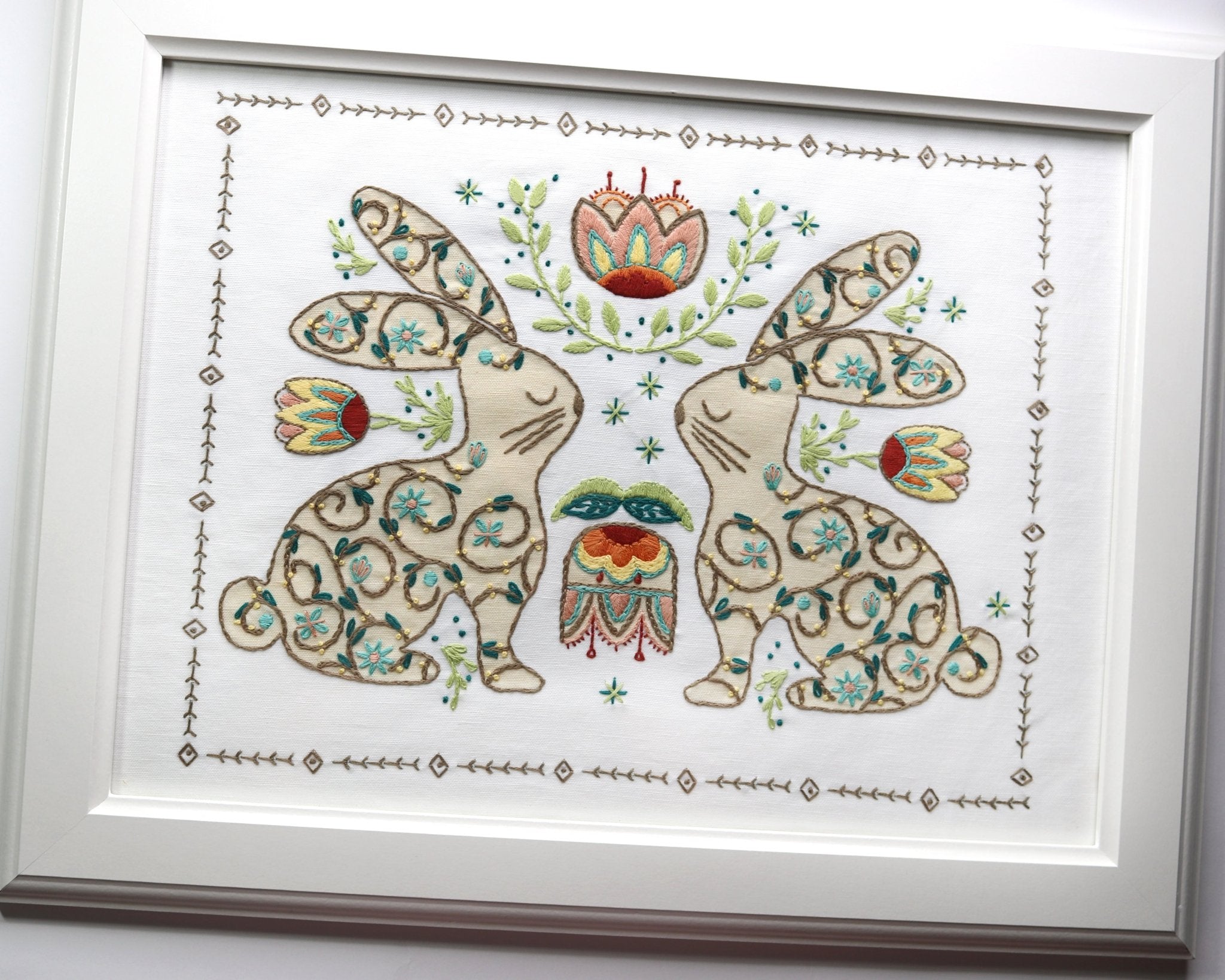 Bunny Folkart Pillow Cushion Embroidery Kit by Stitched Stories, 14 in ...