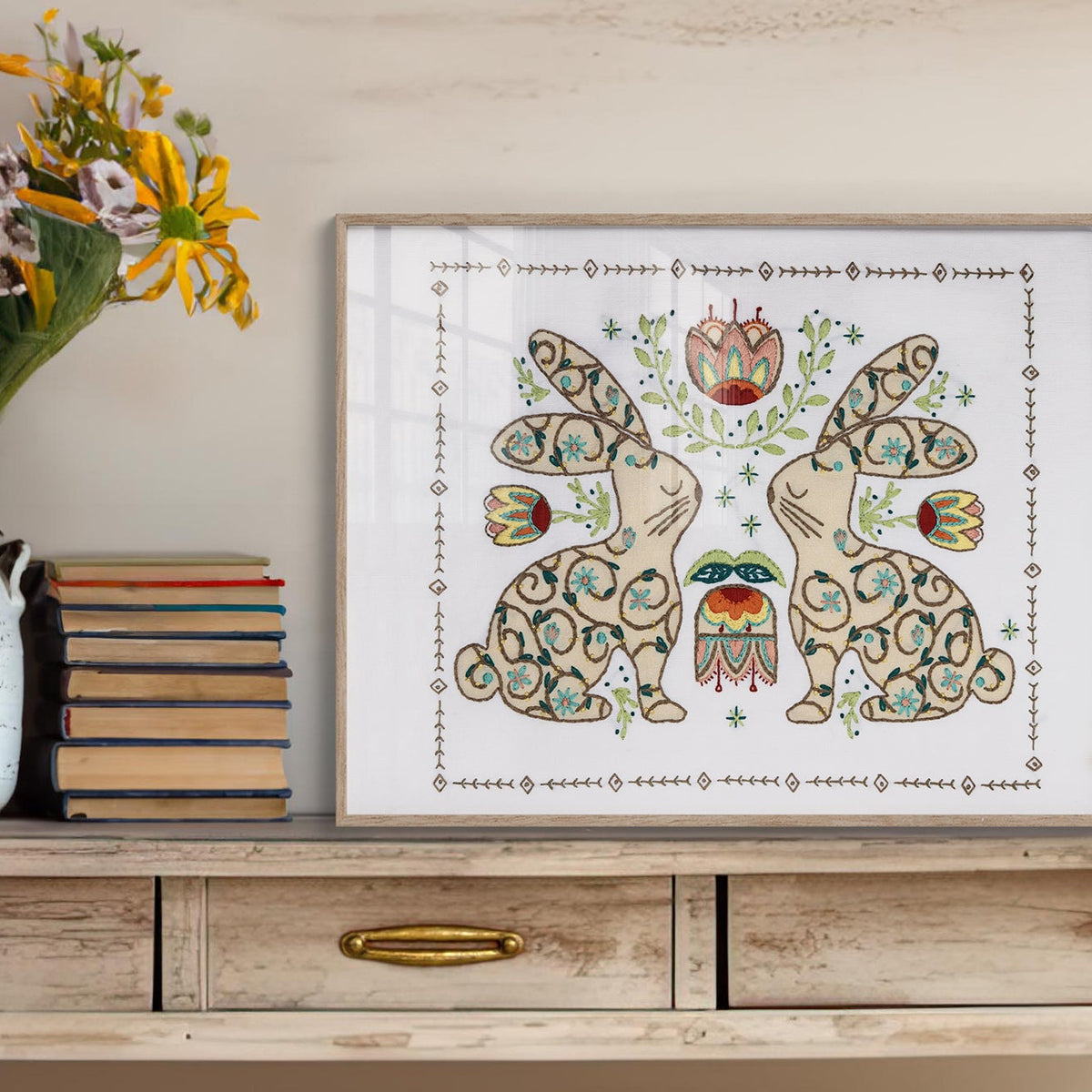 Rabbit Folkart Embroidery Pattern Pre Printed Fabric Panel by Stitched ...