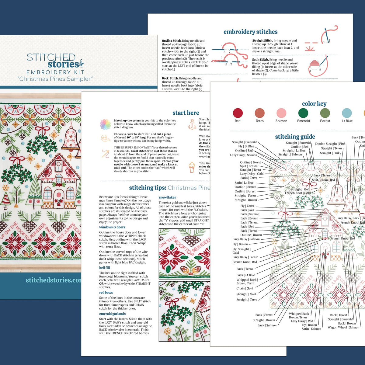 Christmas Pines Traditional Sampler Embroidery Kit by Stitched Stories, 14x18 in, Linen Cotton ...