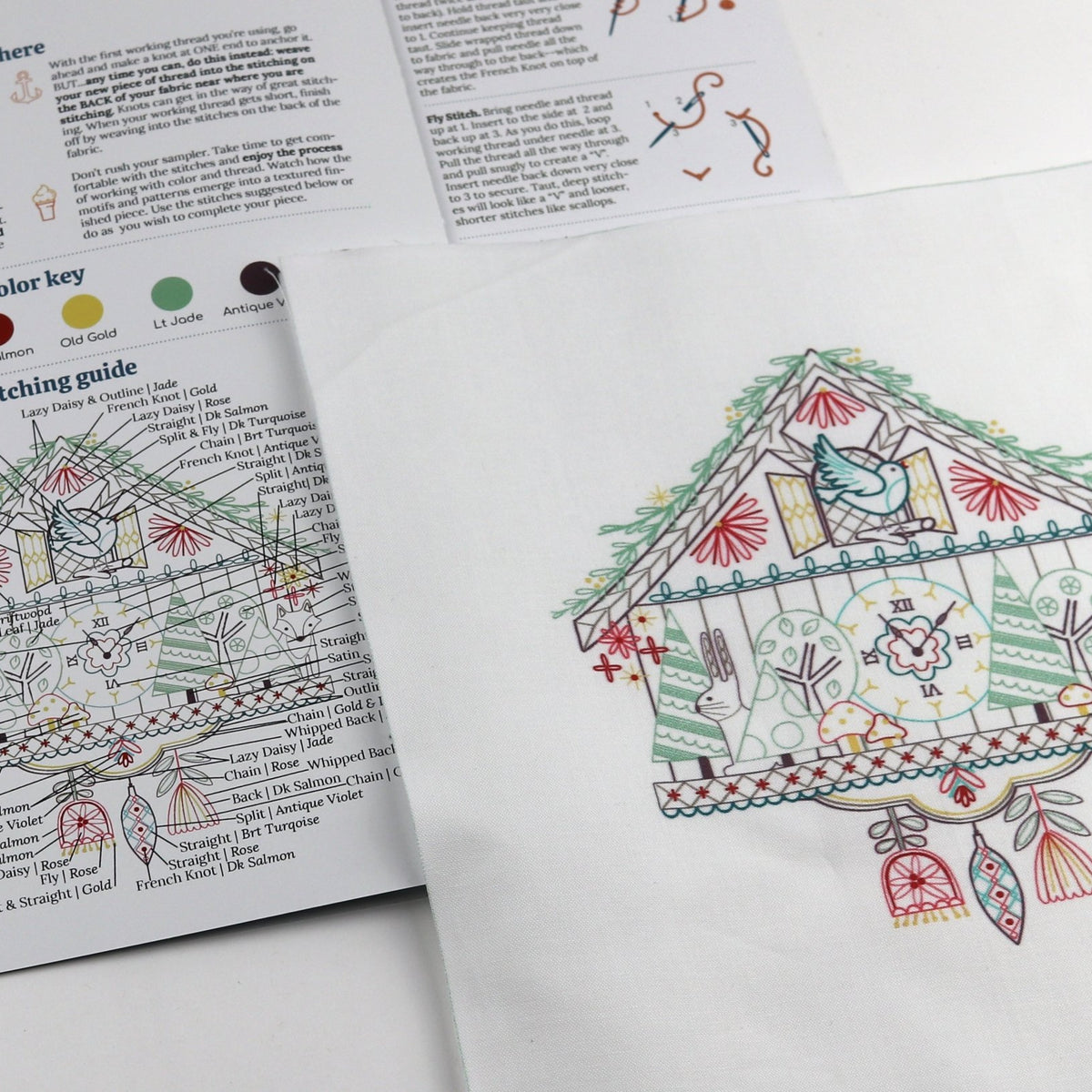 Cuckoo Clock Whimsical Woodland Embroidery Pattern Pre Printed Fabric ...