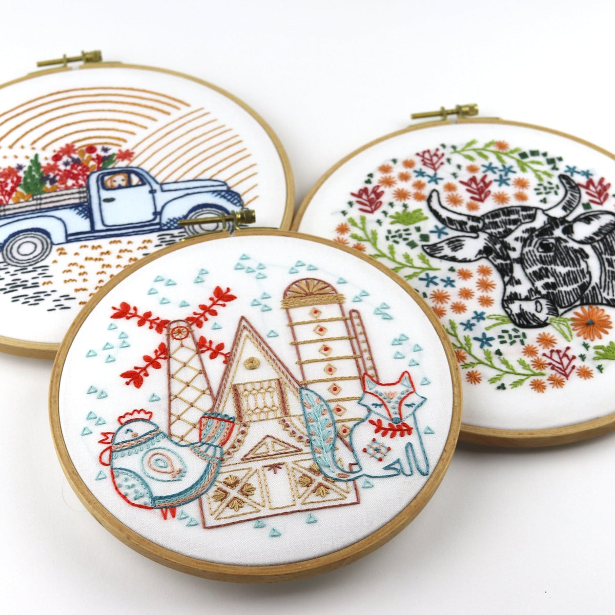 Farm Truck Barn Cow Embroidery Pattern 3 Pack of Pre Printed Fabric ...