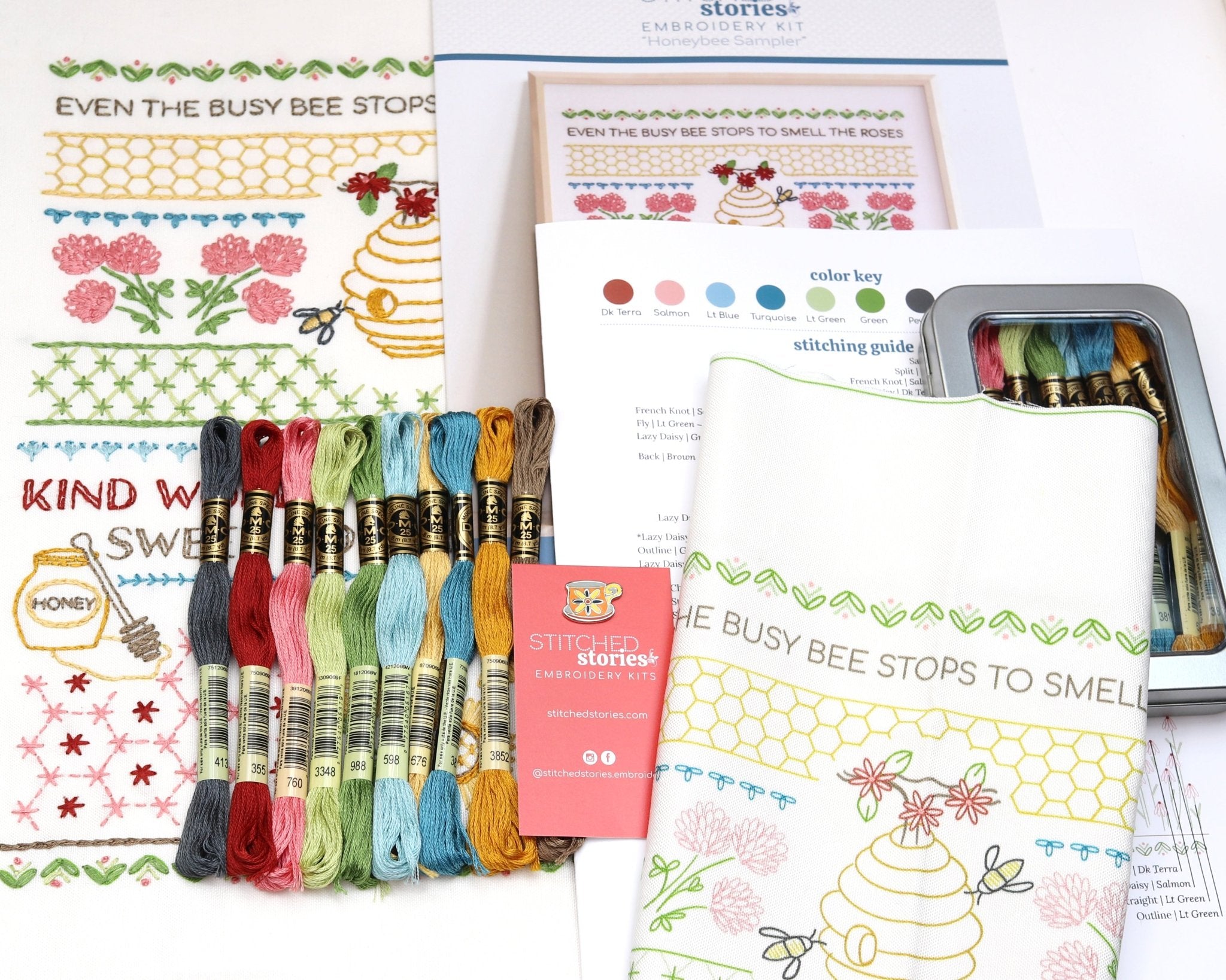 Honey Bee Traditional Sampler Embroidery Kit by Stitched Stories, 14x18 ...
