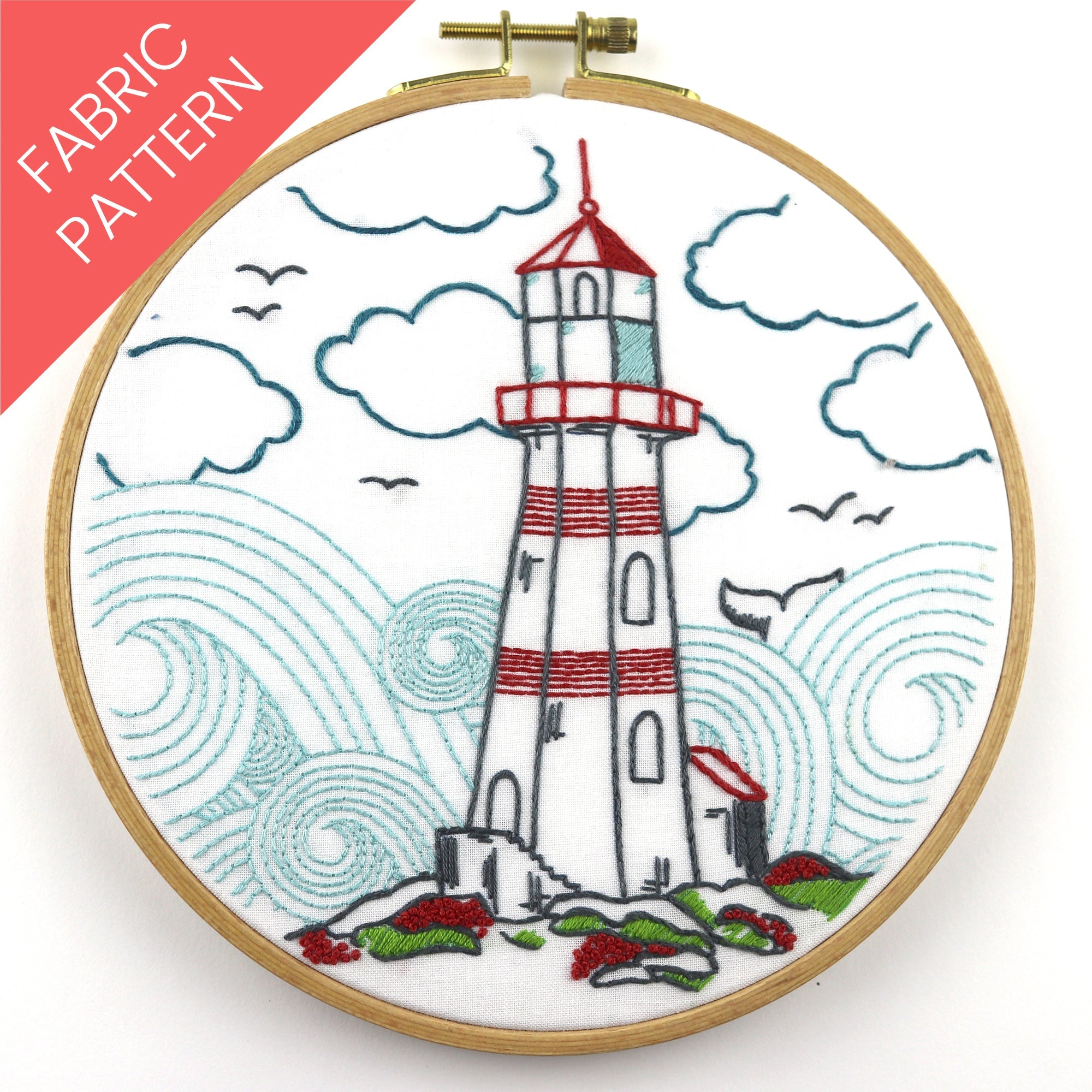 Lighthouse Ocean Embroidery Pattern Pre Printed Fabric Panel by ...