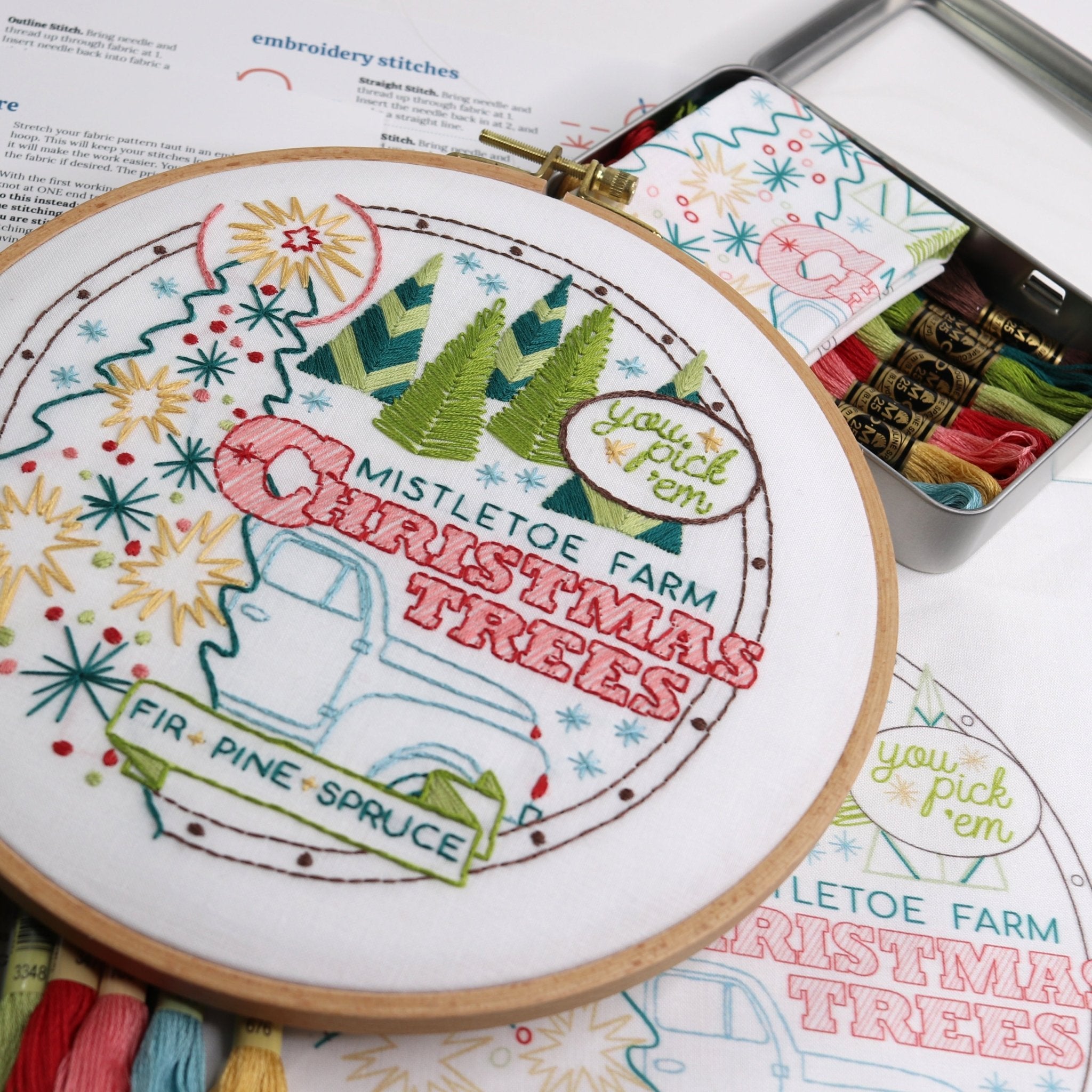 Christmas Tree Farm Embroidery Kit by Stitched Stories, 8 in, Cotton