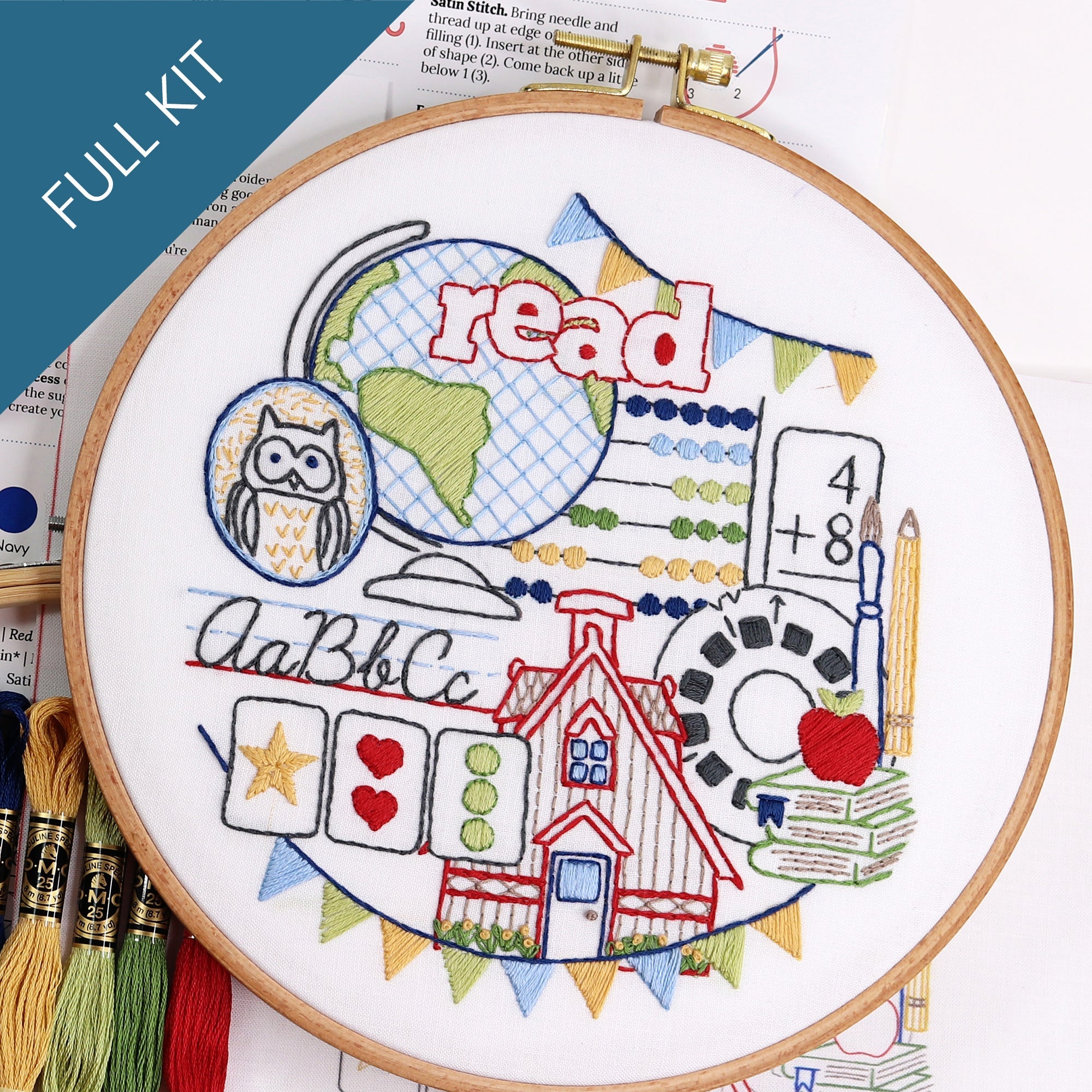 Vintage School Days Globe Embroidery Kit by Stitched Stories, 8 in, Cotton