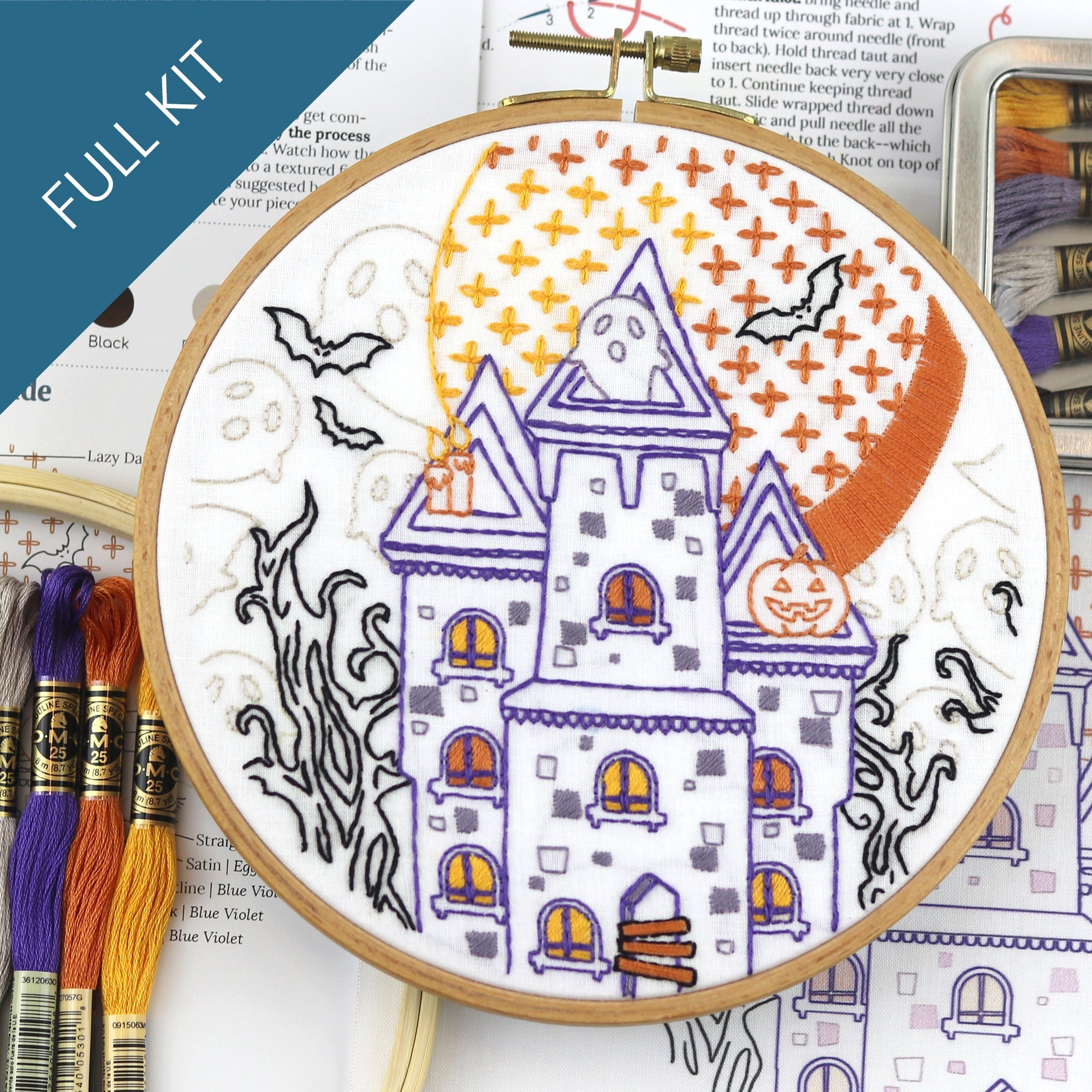 Halloween Haunted House Embroidery Kit by Stitched Stories, 8 in, Cotton