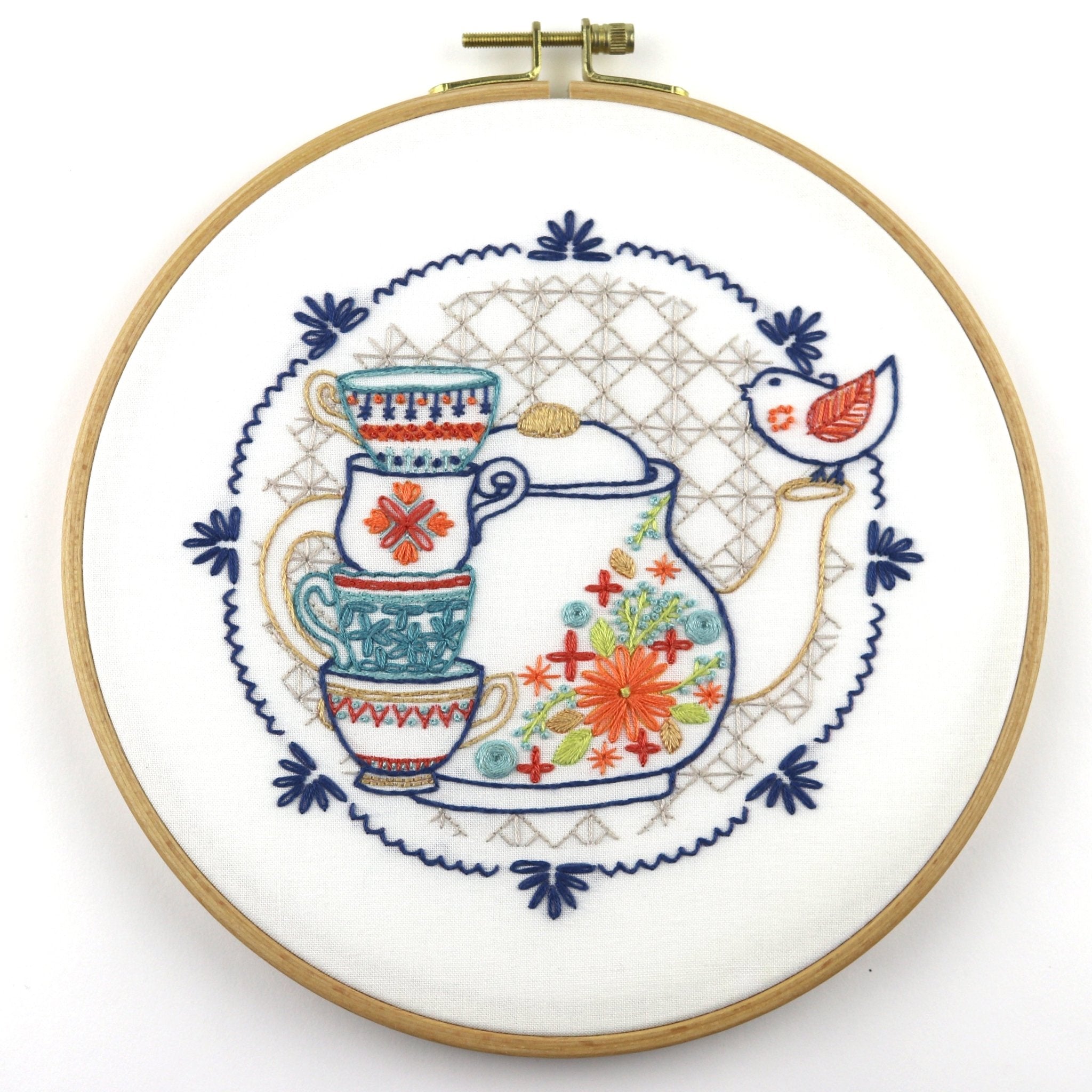 Teapot Teacups Embroidery Kit by Stitched Stories, 8 in, Cotton