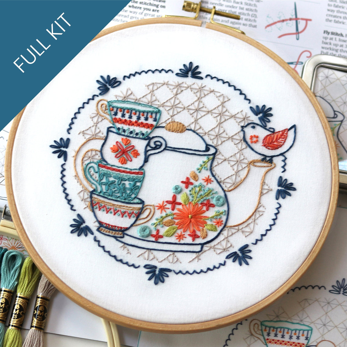 Teapot Teacups Embroidery Kit by Stitched Stories, 8 in, Cotton
