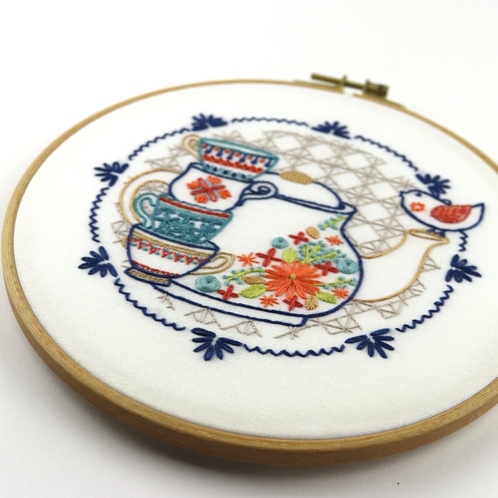 Teapot Teacups Embroidery Kit by Stitched Stories, 8 in, Cotton