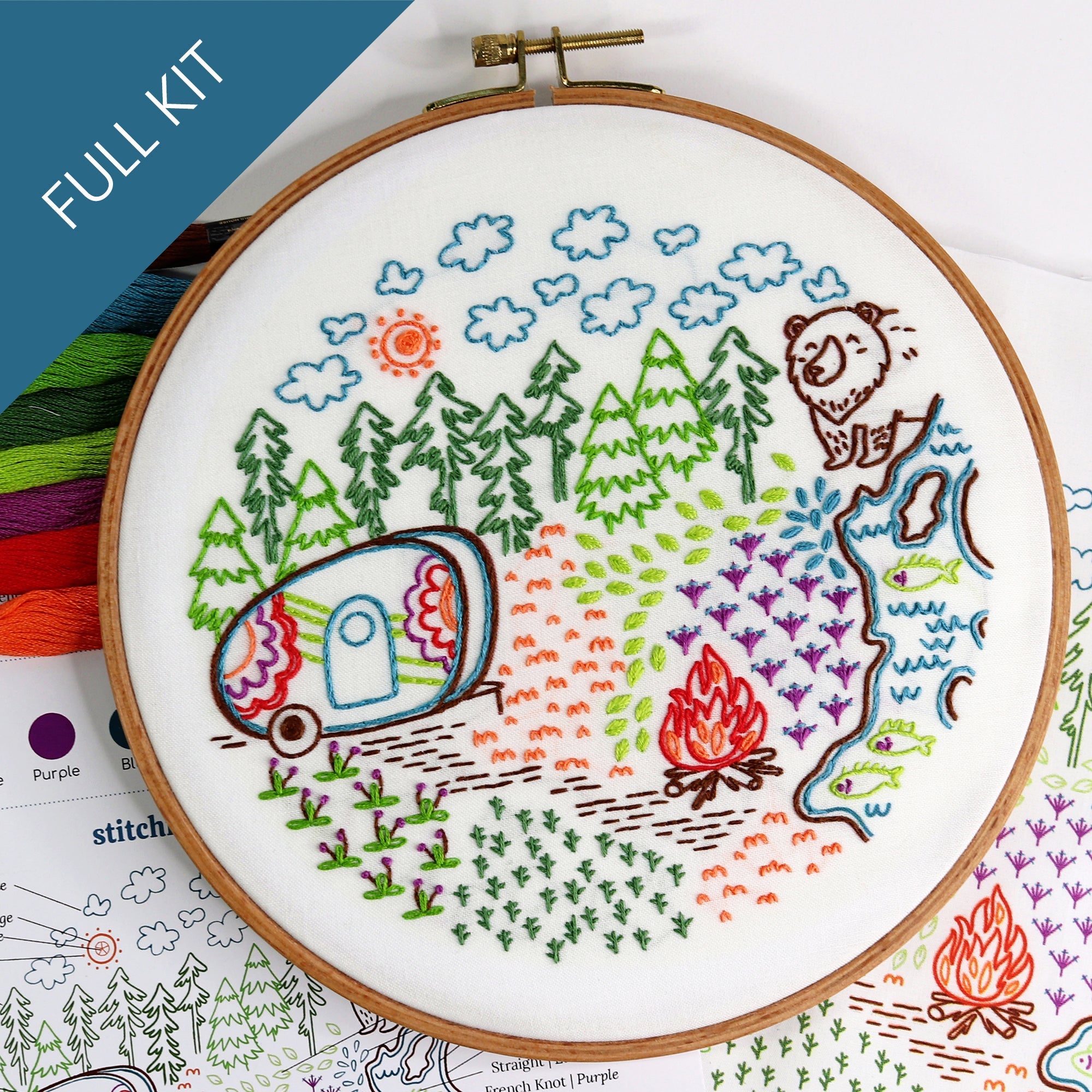 Camping Hiking Embroidery Kit by Stitched Stories, 8 in, Cotton