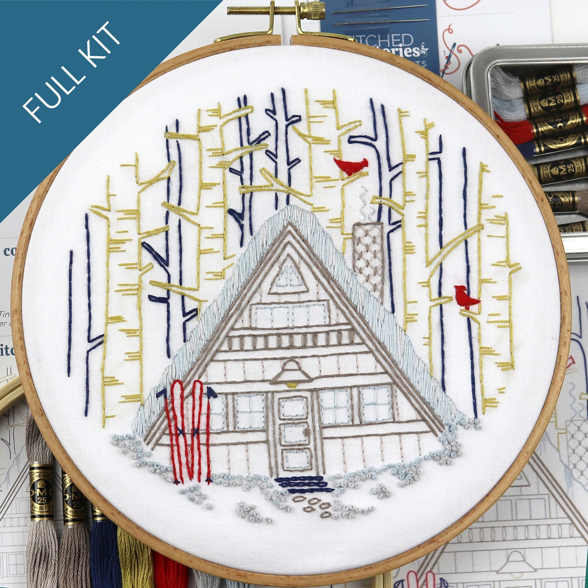 Winter Cabin Snow Embroidery Kit by Stitched Stories, 8 in, Cotton