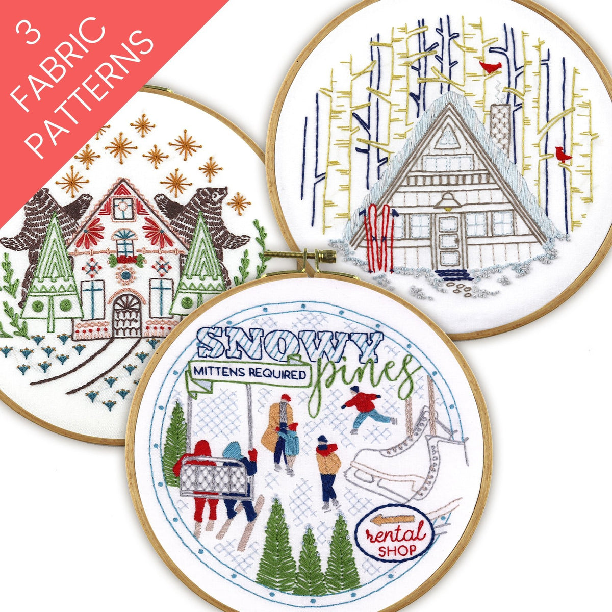 Winter Scenes Embroidery Pattern 3 Pack of Pre Printed Fabric Panels by Stitched Stories, 8 in ...